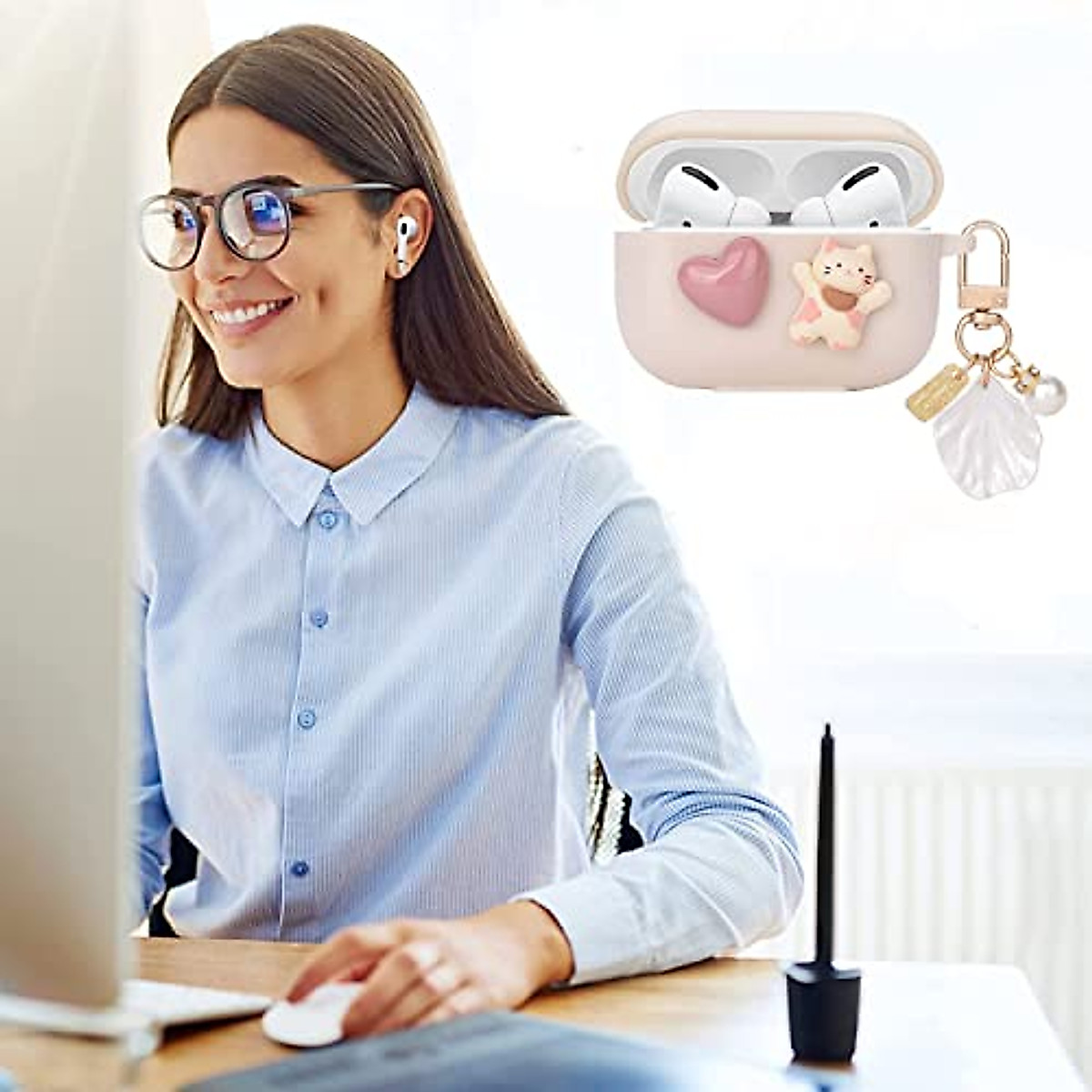 Cute Kawaii AirPods 3 Case with Shell Pearl Keychain Love Heart Cat Design Silicone TPU Cover Compatible with AirPods 3rd Generation Case for Women and Girls