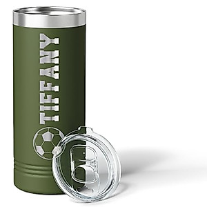 Personalized Soccer Ball Tumbler with Lid Laser Engraved on Army Green 22 oz Stainless Steel Insulated Cup Birthday Gift for Men, Women, Sports Lover
