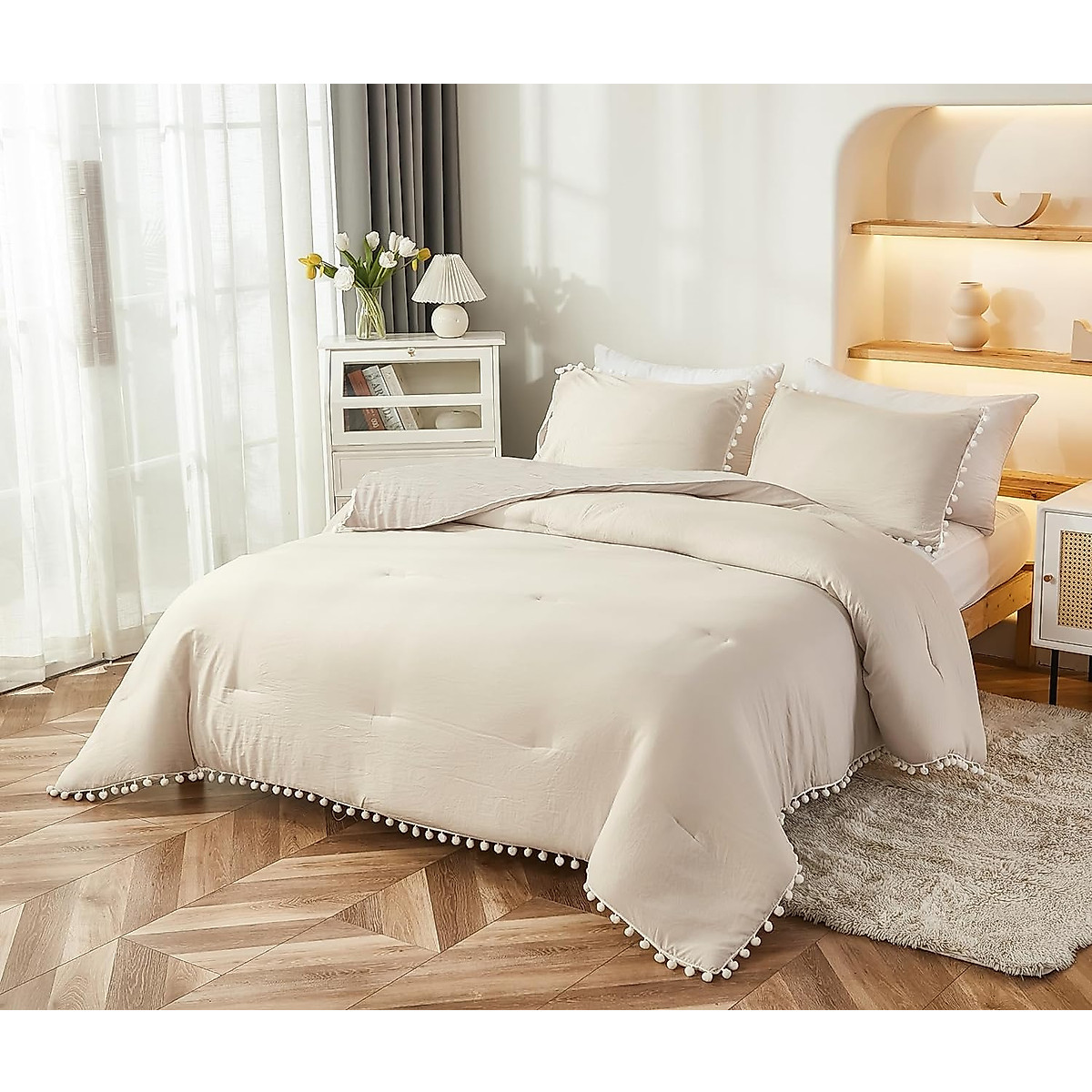 Bedbay Boho California King Comforter Set Beige Comforter 3 Piece Farmhouse Boho Bedding Sets Cute Ball Fringe Luxury Bedding Ultra Soft Microfiber Lightweight Comforter Set(Beige,Cal King)