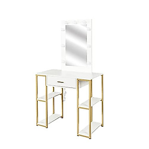 Holaki Vanity Set with 9 LED Lights,Modern White Gold Vanity Desk with Mirror,Cushioned Stool,A Drawer & 4 Open Shelves,Makeup Table,Vanity Dressing Table for Women,Girls Gifts,Adjustable Brightness