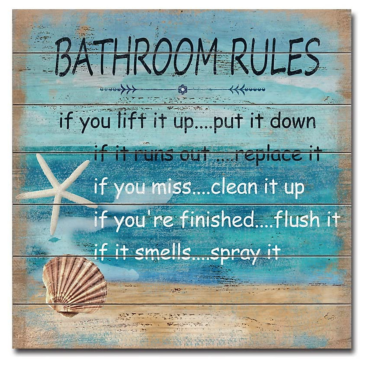 Seashells Bathroom Rules Wall Sign for Bathroom Decor, Funny Bathroom Wall Decor Wall Art For Beach House, Cute Beach Sign Plaque- 12 x 12 Inchs