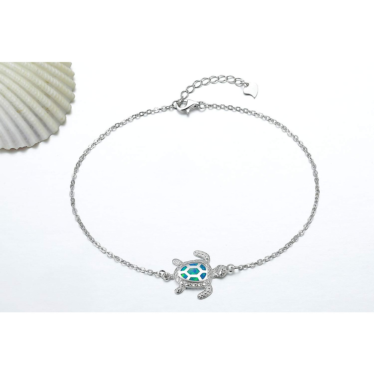 PUPILLEMON Blue Opal Sea Turtle Ankle Bracelet Sterling Silver Anklet Fine Jewelry For Women Gifts (Large Bracelet)