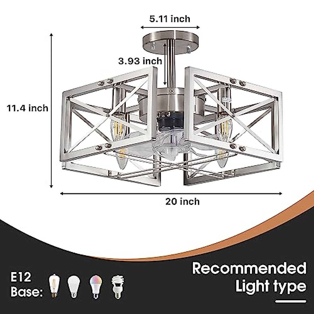 PUNSOKO Ceiling Fans with Lights, Brushed Nickel Fandelier Ceiling Fan with Light and Remote, 20'' Modern Bladeless Chandelier Fan Flush Mount for Kitchen, Bedroom, Living Room