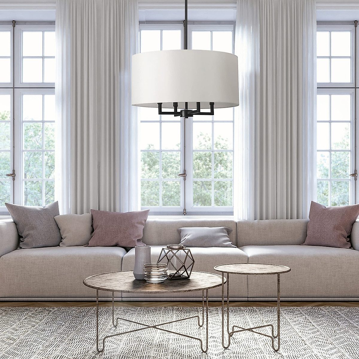 Globe Electric 67000065 4-Light Chandelier, Matte Black, Beige Fabric Shade, Ceiling Light, Chandeliers for Dining Room, Ceiling Light Fixture, Lights for Room Décor, Bulb Not Included