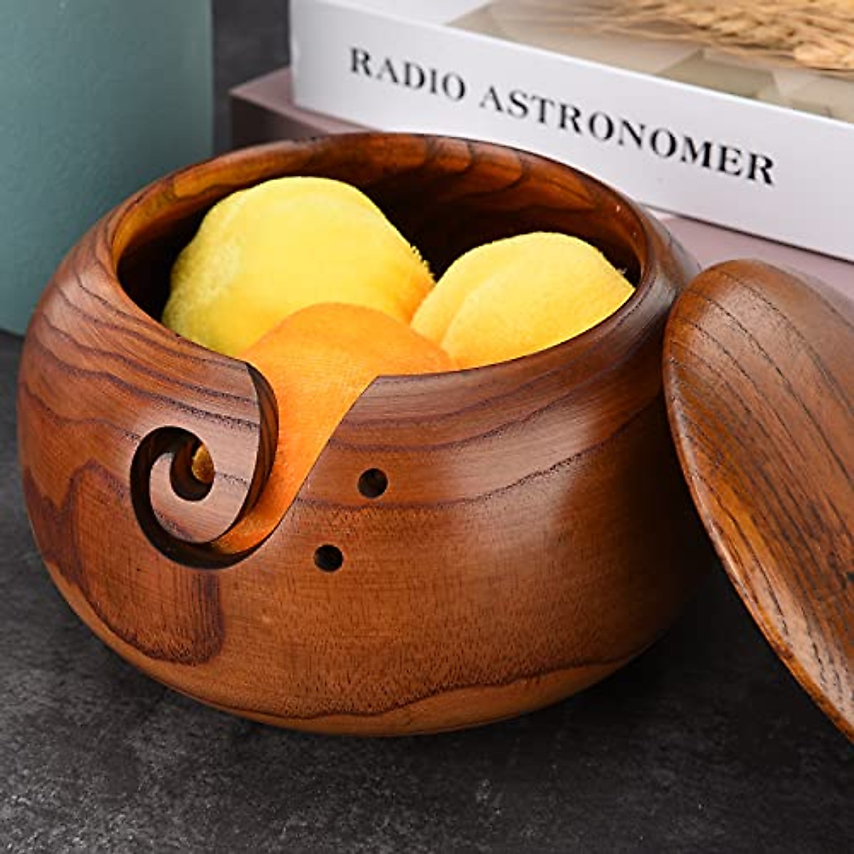 JYCAR 6 Inches Wood Yarn Storage Bowl, Crochet Yarn Handmade Knitting Bowl with Carved Holes and Lid for Knitting and Crochet, 6.3 x 3.7 x 4.3 inch