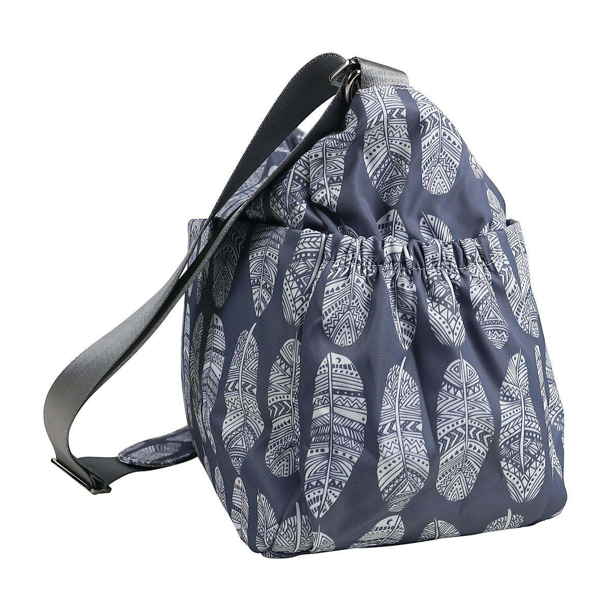 Diaper Bag Purse & matching Changing Pad in Premium Gray Nylon w/ 11 Pockets Insulated for Baby Bottles Silver Tone Hardware Perfect Spacious Crossbody Hobo Bags for Moms Grey Feathers Stroller Straps