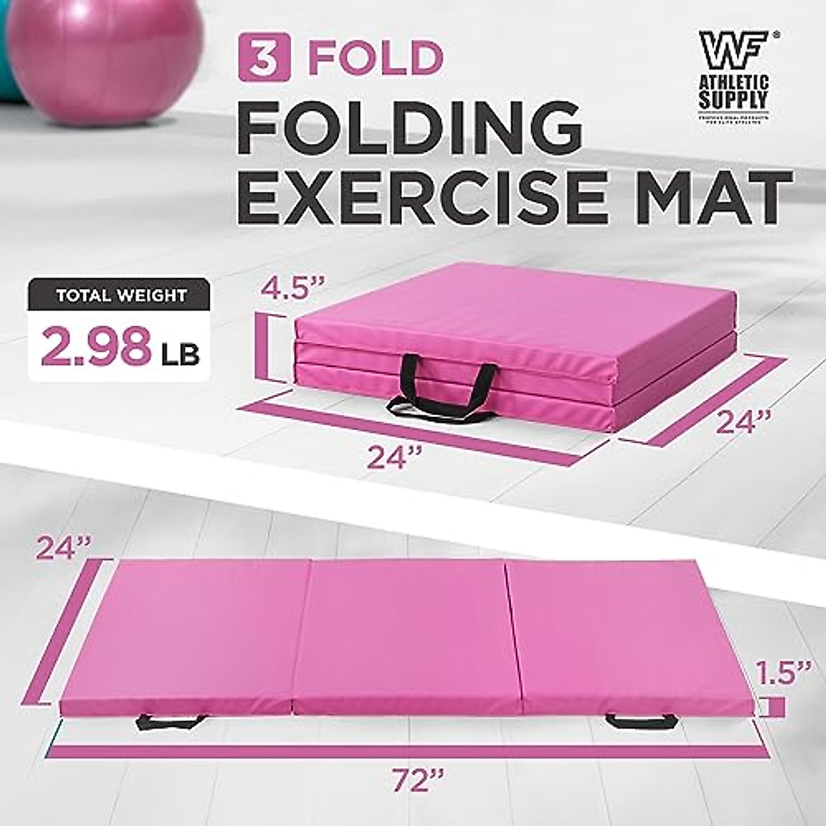 WF Athletic Supply Tri Fold Folding Exercise Mat with Carrying Handles, 1.5" Thick Foldable Gym Mat, Folding Foam Workout Mat for Gymnastics, Yoga, MMA, Core Workouts, Stretching, Pink