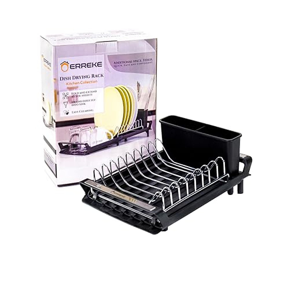 Erreke Small Dish Drying Rack, Compact Dish Drying Rack, Small Dish Rack, Drains into Sink, Non-Slip Feet, Expandable Adjustable Size 11x8 inches (Black)