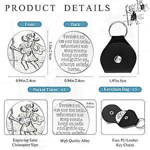 3 Pieces Saint Christopher Sign Pocket Coin Token Keepsake Travel Traveler Protection Protect Catholic Charm Silver Religious Coins with 3 Pieces Black PU Leather Key Chains for Family Friends Prayer