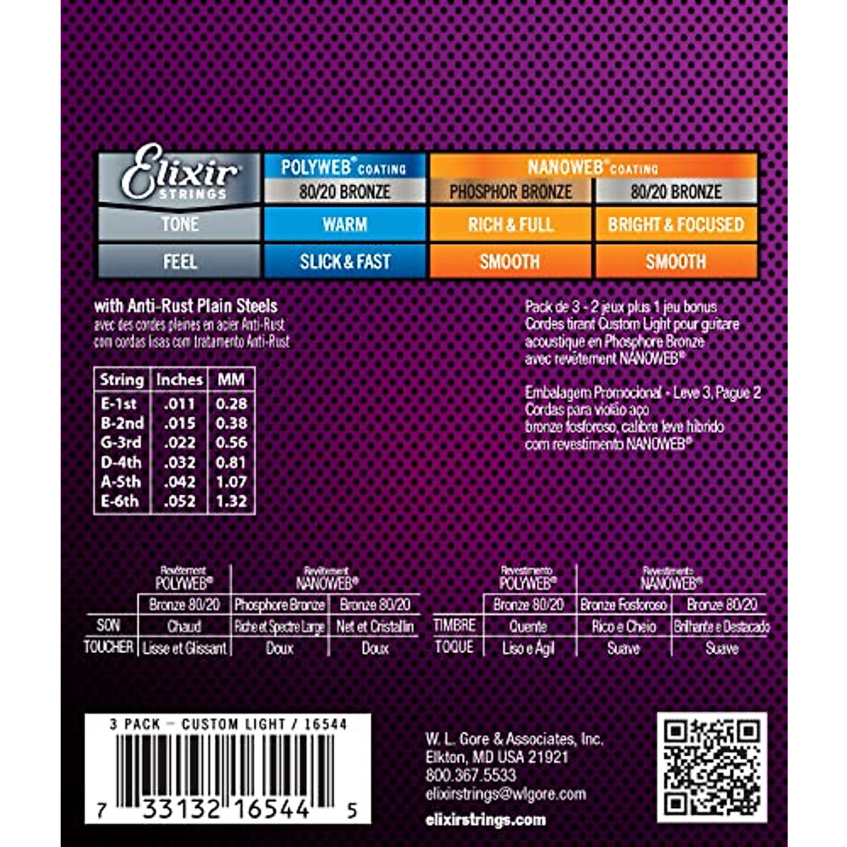 Elixir Strings, Acoustic Guitar Strings, Phosphor Bronze with NANOWEB Coating, Longest-Lasting Rich and Full Tone with Comfortable Feel, 6 String Set, 3 Pack, Custom Light 11-52