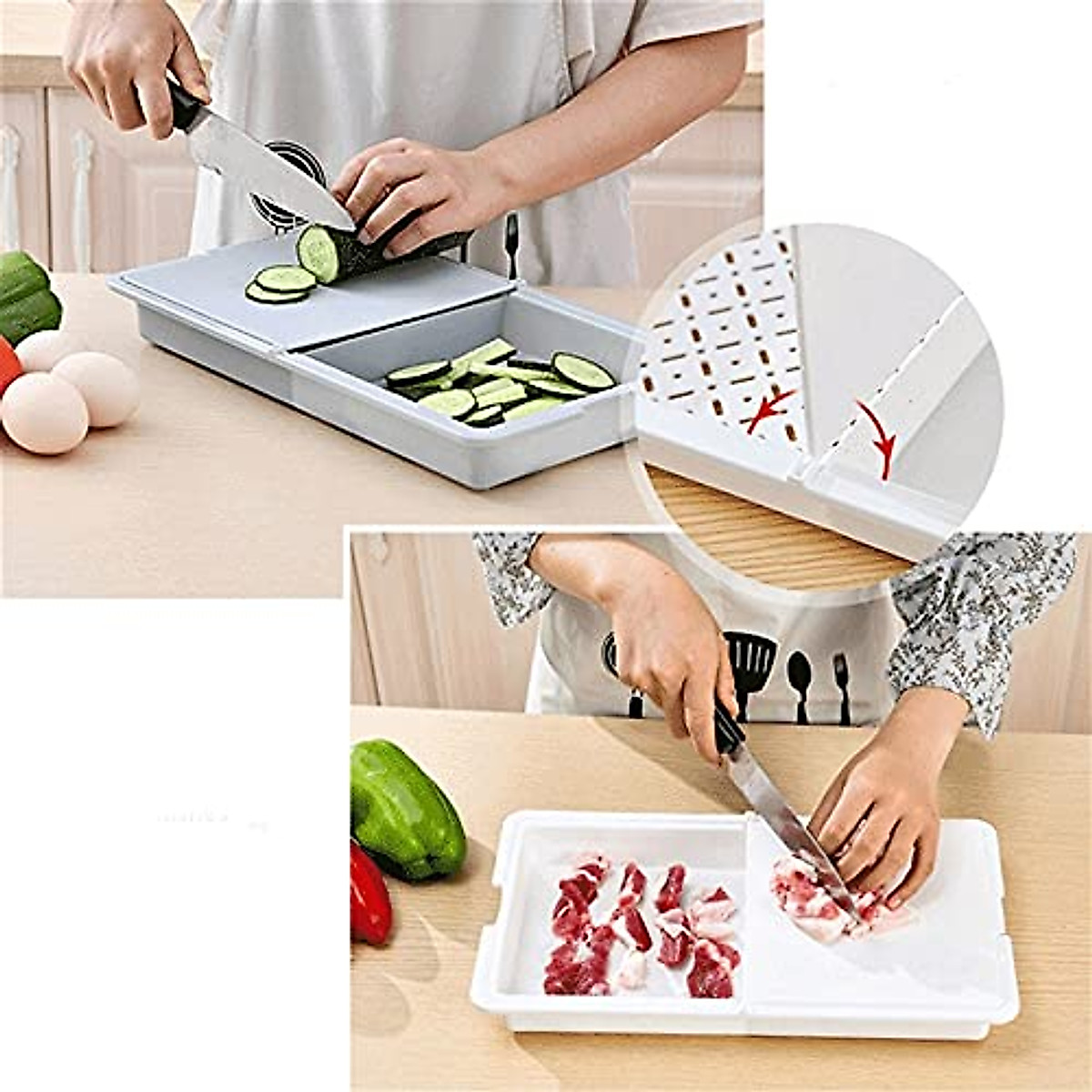 GULRUH Wood Cutting Boards for Kitchen, Foldable Food Cutting Board 3 in 1 Cutting Board Plastic Basket Drain Tray Multifunctional Kitchen Table Durable and Non-Greasy Kitchen Tool (Color : White)