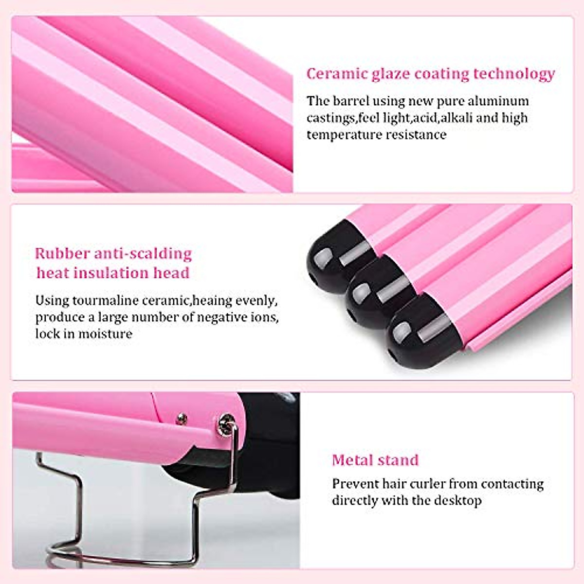 3 Barrel Curling Iron-Dual Voltage Hair Crimper,1 Inch Ceramic Tourmaline with Temperature Adjustable Hair Waver Style Tool(Pink)