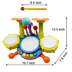 Drum Set for Kids with 2 Drum Sticks and Microphone, Musical Toys Gift for Toddlers… (Green)
