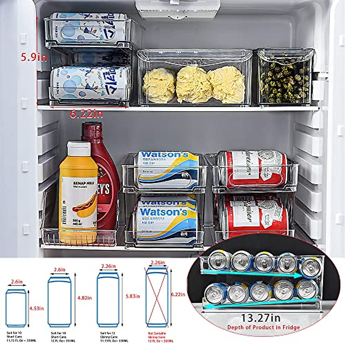 Mano Set of 2 Rolling Soda Can Organizer for Refrigerator, Clear Drink Dispenser for Pop Beer Soda Seltzer Beverage Can Holder, Plastic Fridge Organizer Bins Pantry Storage Rack