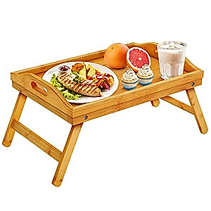 Pipishell Bamboo Bed Breakfast Tray, Bed Trays for Eating with Folding Legs, Food Snack Tray, Used As Lap Tray for Bed, Sofa, Outdoor, Working, Eating, Drawing