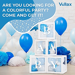 Baby Boxes with Letters for Baby Shower - Baby Shower Decorations of 44 pcs, 32 Blue Silver White Balloons, 4 White Blocks, 8 Letters, Perfect Party Decor