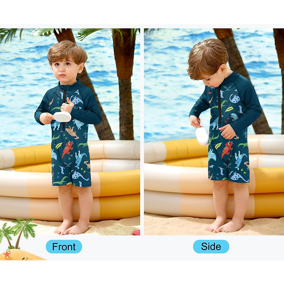 BesserBay Long Sleeve One Piece Rashguard UPF 50+ Dinosaur Navy Zip Up Swimwear for Baby Boy 18-24 Months