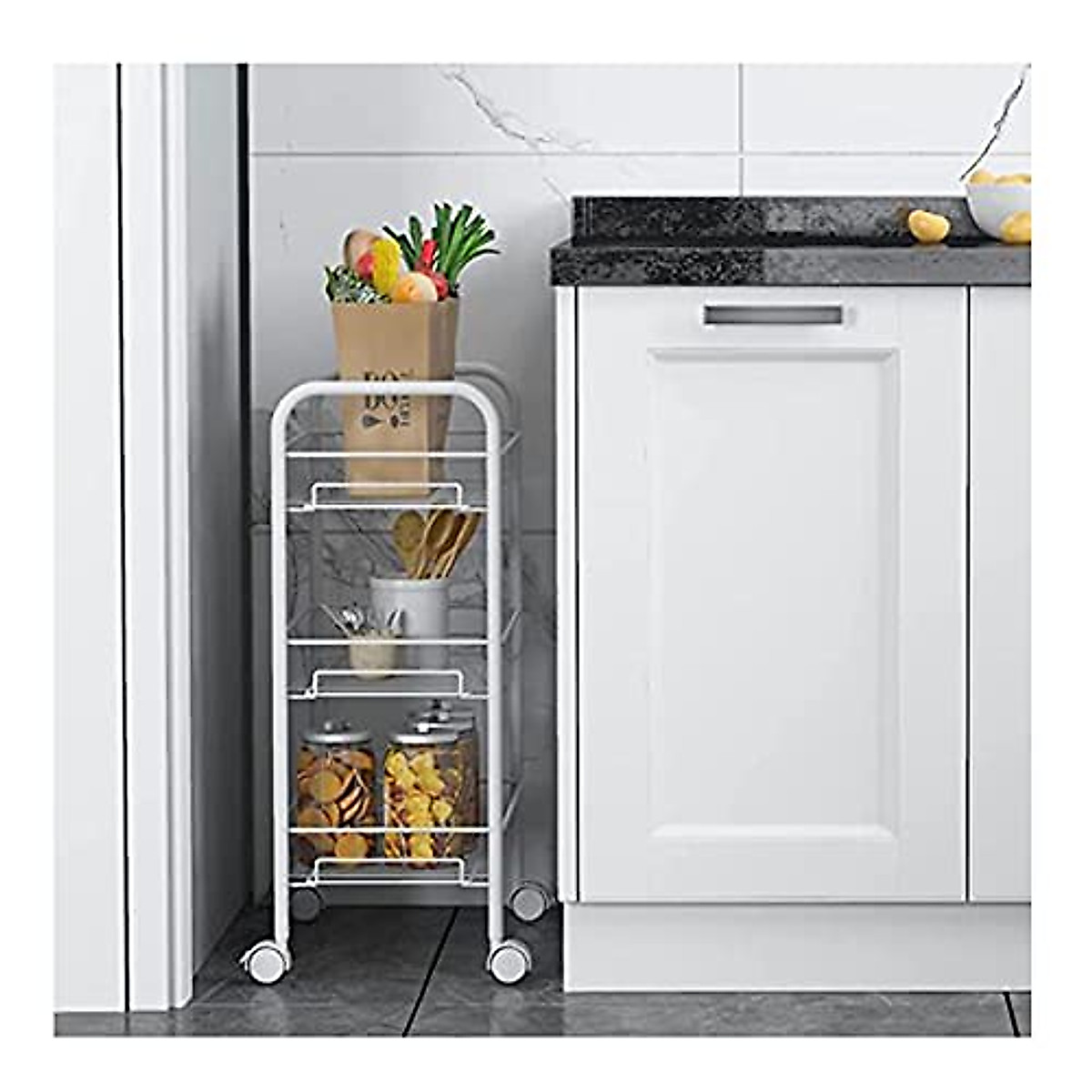 ATAAY Rolling Utility Cartwith Metal Mesh Basket Vegetable Rack Shelves for Kitchen Home Office Bathroom/White