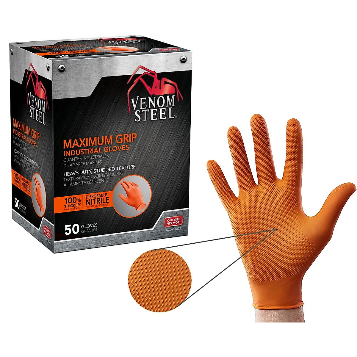 Venom Steel Orange Nitrile Gloves, 8 Mil Thick, 50 Count, Maximum Grip Textured Disposable Gloves, Puncture and Rip Resistant, Hi-Visibility Orange, One Size Fits Most