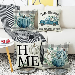 Fall Decorative Pillow Covers 18 x 18 Inch Set of 4, Pumpkins Trucks Plaid Autumn Decor Outdoor Farmhouse Thanksgiving Throw Pillow Cases for Home Couch