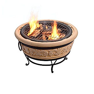 Teamson Home Wood Burning Fire Pit with Spark Screen, Fireplace Poker, Grilling Grate, and BBQ Grill for Outdoor Patio Garden Backyard Decking, 27 Inch Length, Light Brown