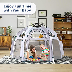 RUNBOW Baby Playpen - Indoor & Outdoor Playpen with Canopy, Portable Playpen for Babies and Toddlers-Baby Beach Tent,Foldable Travel Bag-Pop Up Pack and Play Yard(Grey)