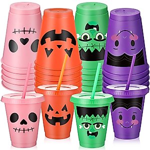 Suttmin 24 Pcs Halloween Party Cups 16 oz Halloween Disposable Plastic Tumbler with Lid and Straw in 4 Colors for Coffee Tea Cold Drinks Party Favors Supplies (Orange, Green, Purple, Pink)