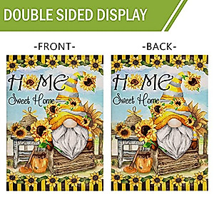 Furiaz Home Sweet Home Gnome Sunflower Spring Summer Small Decorative Garden Flag, Bee Honey Yard Home Outside Black Yellow Stripe Decoration, Fall Farmhouse Outdoor Decor Double Sided 12x18