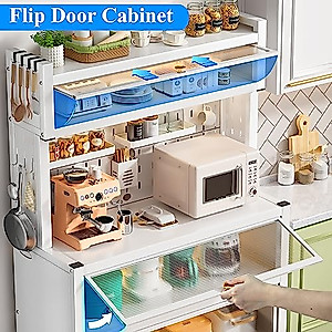 Kitchen Baker's Rack with Flip Door Cabinet, 5-Tier Microwave Stand with Pegboard Accessories, Large Metal Storage Shelves for Garage Pantry Home Kitchen Spices, Pots, and Pans (White)
