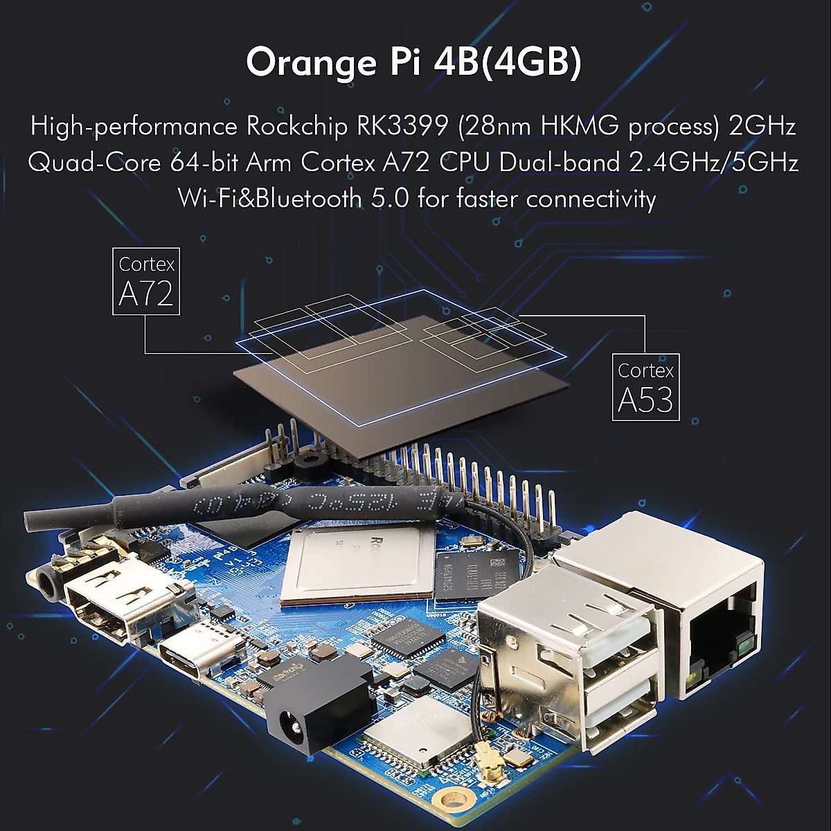 Orange Pi 4B 4GB+16GB Single Board Computer, Rockchip RK3399 6-Core ARM 64 Bit Development Board with 16GB eMMC Flash, Compatible Android/Ubuntu/Debian OS(Pi 4B+Case+Heat Sink+Power Supply)