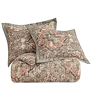 HiEnd Accents Carmen Kilim 3 Piece Comforter Set with Pillow Shams, Gray Medallion, Super Queen Size, Modern, Traditional, Rustic Style Luxury Bedding Set, 1 Comforter and 2 Pillowcases