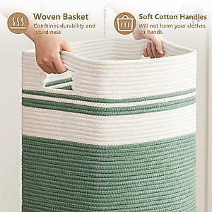joybest Cotton Laundry Hamper, Large Woven Rope Basket with Handles for Living Room and Bedroom, Stylish Storage Basket for Clothes, Toys, and Blankets - 22x16x13 Inches Green