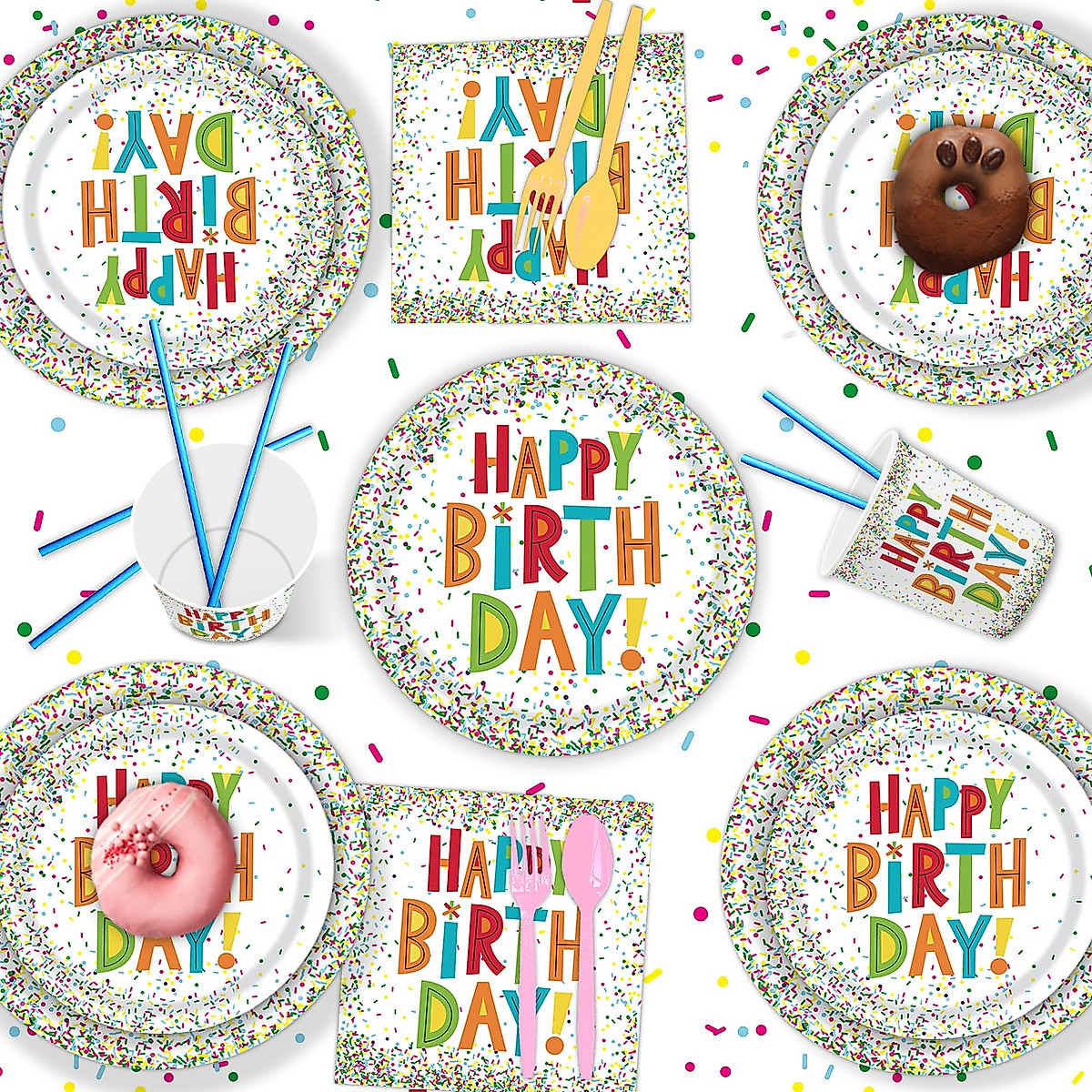 TeeFity 170 Pcs Confetti Birthday Party Tableware Set, Party Table Colorful Supplies Include Disposable Paper Plates, Napkins, Cups, Straws, Tablecloth, Banner and Forks Spoons for 24 Guests