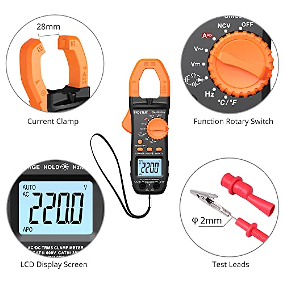 Proster Digital Clamp Meter TRMS 6000counts, 800A DC AC Current AC/DC Voltage NCV Continuity Capacitance Resistance Frequency Diode Hz Test, with1 PairTest Leads 1 Pair Alligator Clips
