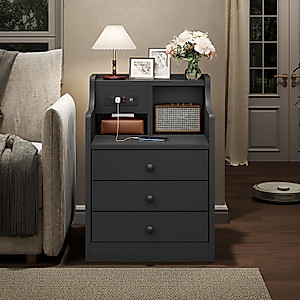 Tiptiper Black Nightstand with Charging Station 3 Drawers, Wood Sofa End Side Table with USB Ports and Outlet, Bedside Table Bedroom Nightstand with Sliding Drawer & Hutch