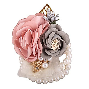 Elandy 1PC Rose Flower Wedding Bride Wrist Corsage Wristlet Band Faux Pearl Bracelet Bridesmaid Wrist Corsage Decor for Wedding Prom Party