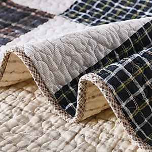 SahSahCasa Quilt King Size, King Quilt Set, 100% Cotton King Quilt Bedding Set Bedspread, Patchwork Farmhouse Quilt, Plaid Lightweight Rustic Quilts Comforter for King Bed, Beige, for All Season