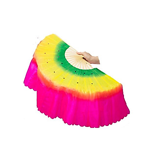 PHONME Decorative Folding Fans Hand Made Belly Dance Dancing Silk Bamboo Long Fans for Party Stage Performance Gift Hand Fan Vintage Style