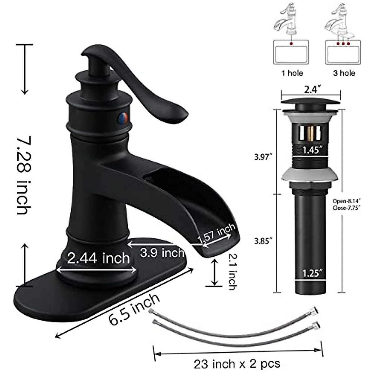 Black Bathroom Faucet Matte Waterfall Sink Farmhouse Vanity Single Hole Faucets One Handle Basin Antique centerset with Pop Up Drain Stopper Mixer Tap Overflow Supply Line Lead-Free by Homevacious