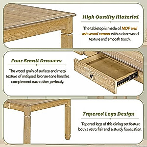 72'L Rectangular Dining Table Set for 6, Wooden Kitchen Table Set with 4 Drawers, 4 Upholstered Chairs & 1 Bench 6-Piece Retro Dining Room Table Set Kitchen Furniture Set for Family, Natural Wood Wash