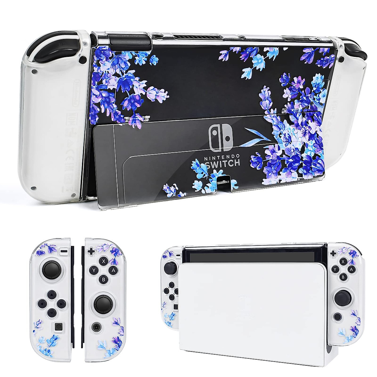 DLseego Floral Flower Case for Nintendo Switch OLED with Cute Purple Lavender Pattern for Women Girls, Anti-Scratch Dockable Clear Hard Shell Soft Shock-Absorption TPU Joy Con Cover
