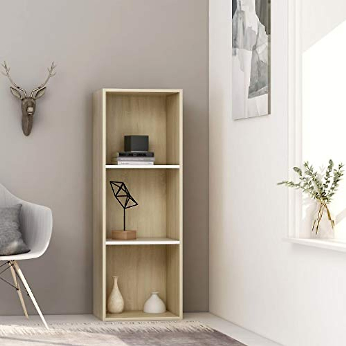 MBFLUUML Modern Open Bookcase, Freestanding Storage, 3-Tier Book Cabinet White and Sonoma Oak 15.7"x11.8"x44.9" Engineered Wood for Living Room, Study and Office.