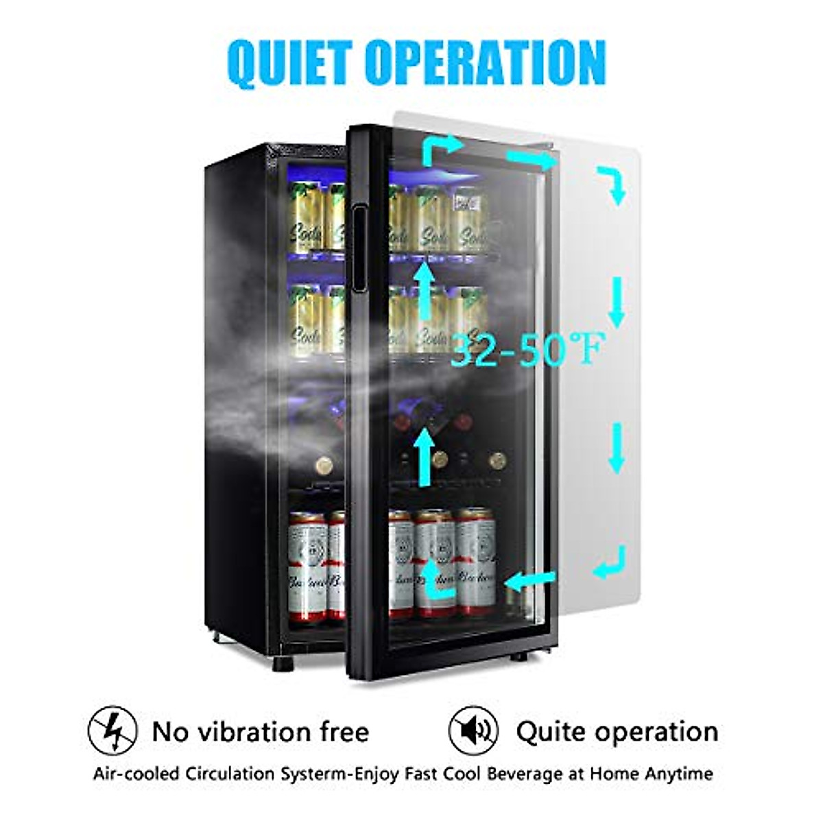 WANAI Beverage Refrigerator Cooler Fridge Glass Door 100Can Beer Fridge Cooler Drinks Wines Juice Soda Cooler Adjustable Shelves Blue LED Lights Temp Control for Home Office Dorm 3.2 Cu. Ft Shelves Blue LED Lights Temp Control for Home Office Dorm Bar 3.2