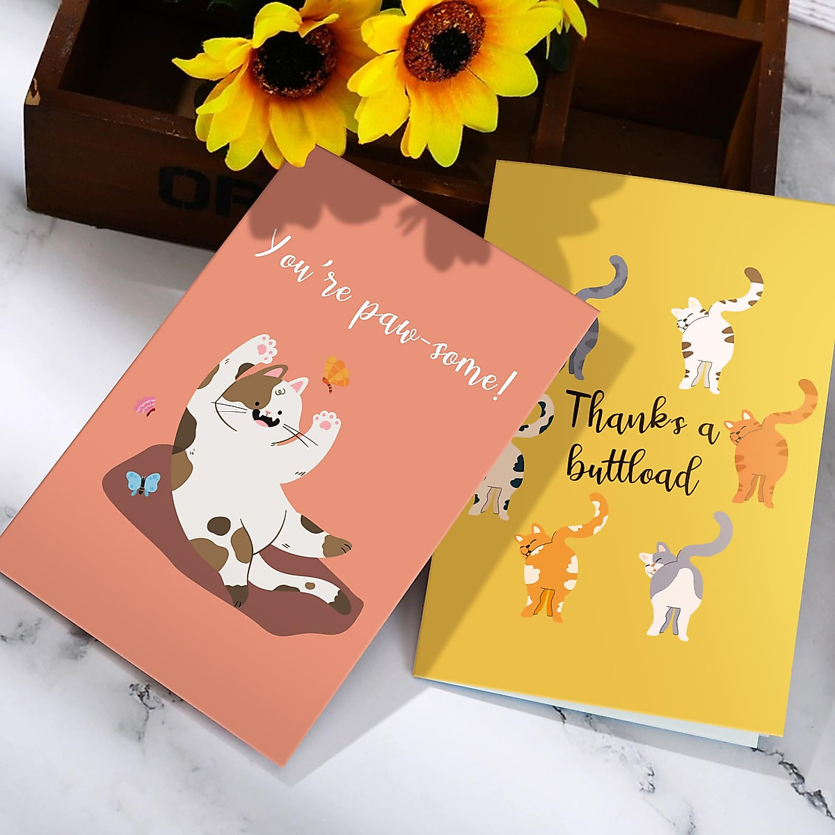 24 Funny Cats Thank You Cards With Envelopes & Stickers, Assorted Cats Pun Appreciation Cards for Kids Business Employee, Cute Cat Bulk Note Cards Stationery Box Set