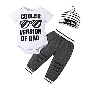 DISAUR Baby Boy Clothes Newborn Boy Outfits, Infant Short Sleeve Letter Print Romper+Long Pants+Hat 3PC Clothing Set(3M,White)