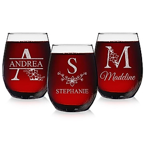 Custom Personalized Initial Name Floral Flower Inspired Monogram Laser Engraved Stemless Wine Glass 15 oz Gift for Her Wedding Mother's Day