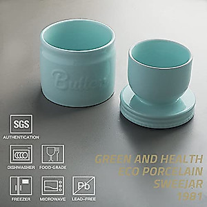 SWEEJAR Porcelain Butter Keeper Crock, French Butter Dish with Water Line, Ceramic Butter Container for soft butter (Turquoise)