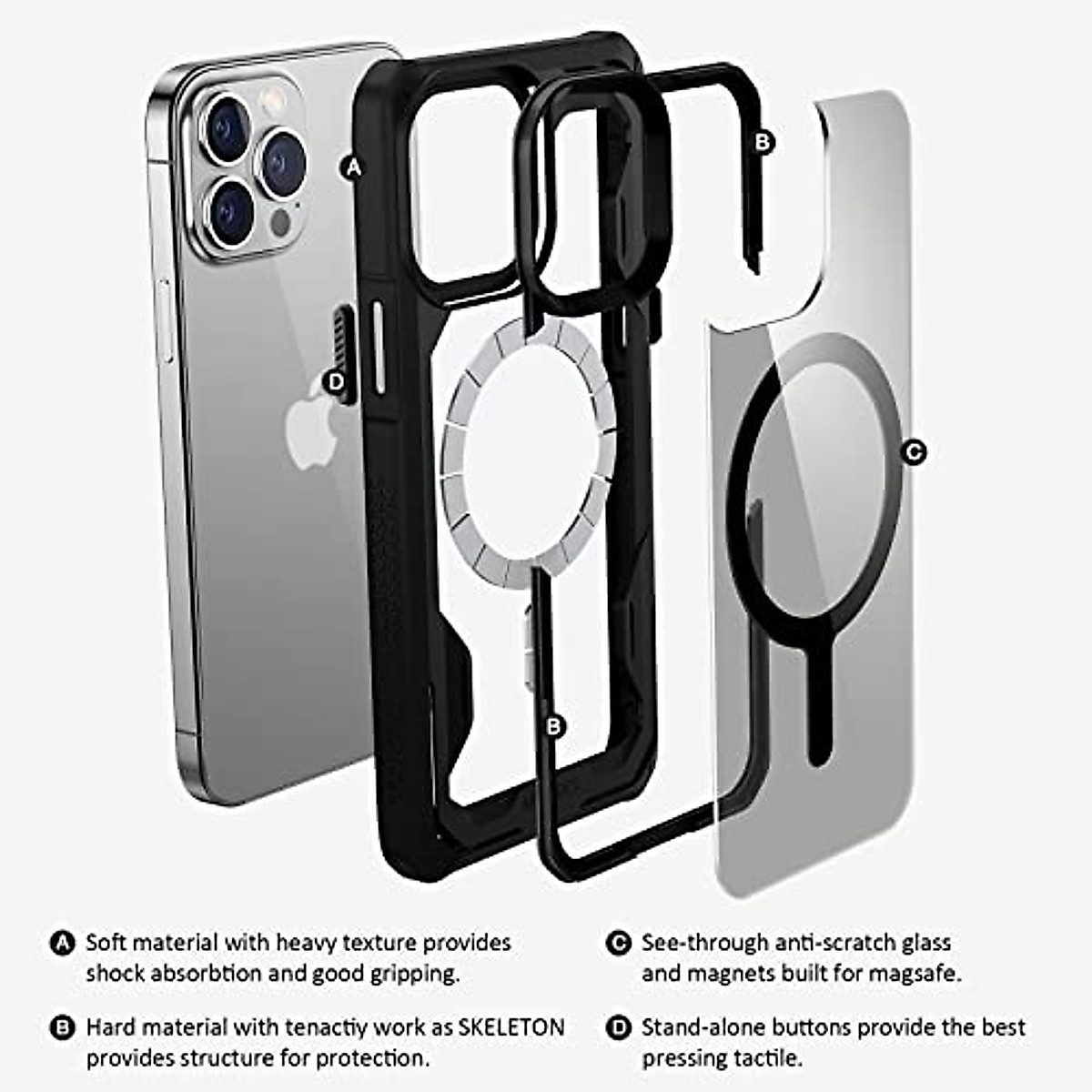 ULTIMAL Case Designed for iPhone 13 Pro Max 6.7 Inch, Rugged Military Cover with Lightweight Sporty Design, Slim Shockproof Bumper Case Compatible with Magsafe (Black/Black, for 13 pro max)