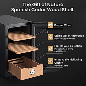 KingChii 23L Electric Cigar Humidors, Temperature Control Cabinet with Spanish Cedar Wood Shelves & Drawer Hygrometer Gifts for Men (150 Counts Capacity)