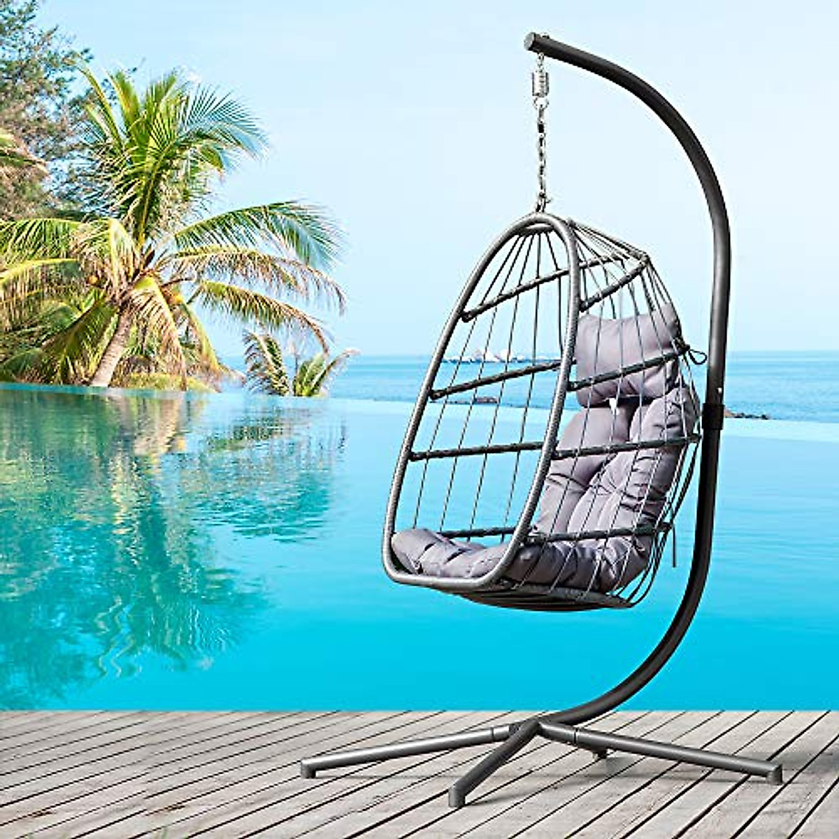 elify Wicker Hanging Swing Chair, Patio Rib Hanging Egg Chair with UV Resistant Grey Cushion and Aluminum Stand Frame in Door Outdoor Patio (Gray)